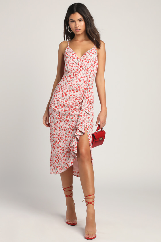 Pink Floral Dress Surplice Midi Dress Ruffled Midi Dress Lulus