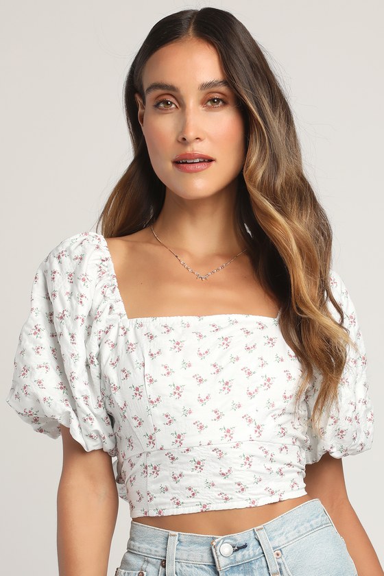 Ivory Floral Print Crop Top Puff Sleeve Top Tie Back Crop Top Lulus