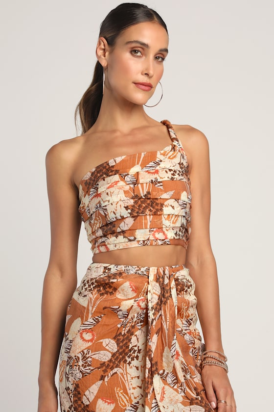 Brown Crop Top - Multi Print Top - One-Shoulder Top - Crop Top - Lulus