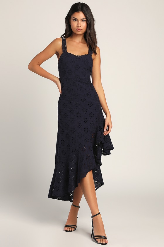 Navy Midi Dress Eyelet Midi Dress Asymmetrical Midi Dress Lulus