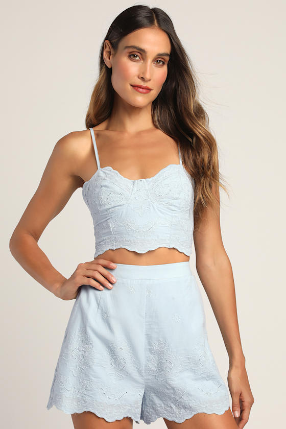 Light Blue Two-Piece Romper - Embroidered Romper - Romper Set - Lulus