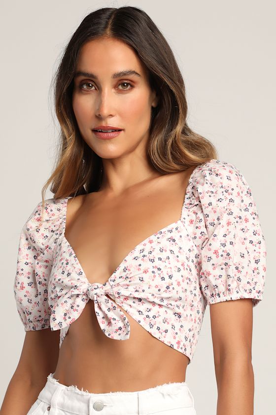 White Floral Crop Top Puff Sleeve Crop Top Tie Front Crop Top Lulus