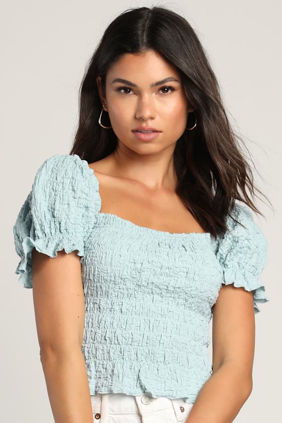 LUSH Blue Smocked Top - Puff Sleeve Crop Top - Smocked Top - Lulus