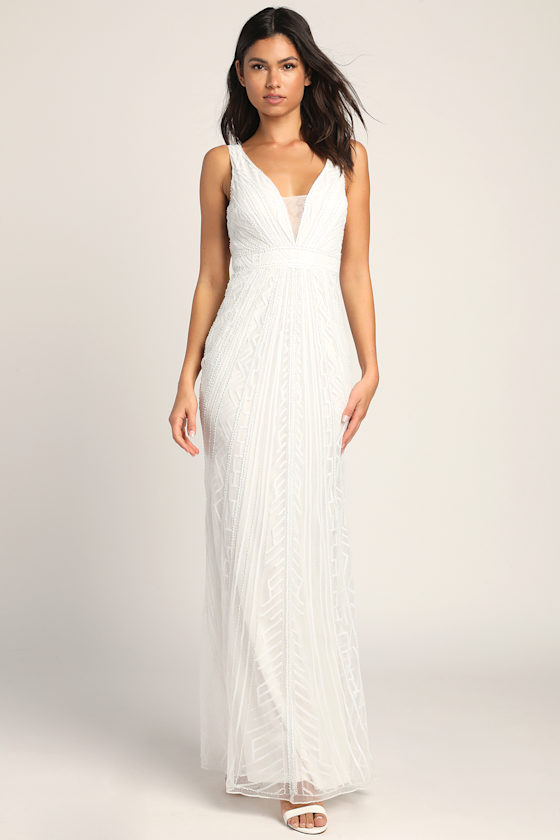 Eternal Emotion White Sleeveless Beaded Sequin Maxi Dress - Lulus