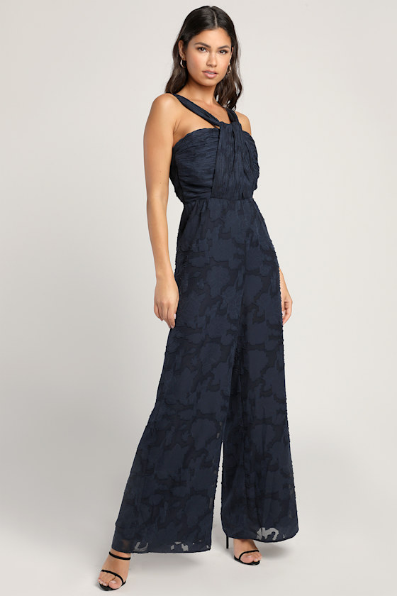 Navy Blue Jumpsuit - Jacquard Chiffon Jumpsuit - Floral Jumpsuit - Lulus