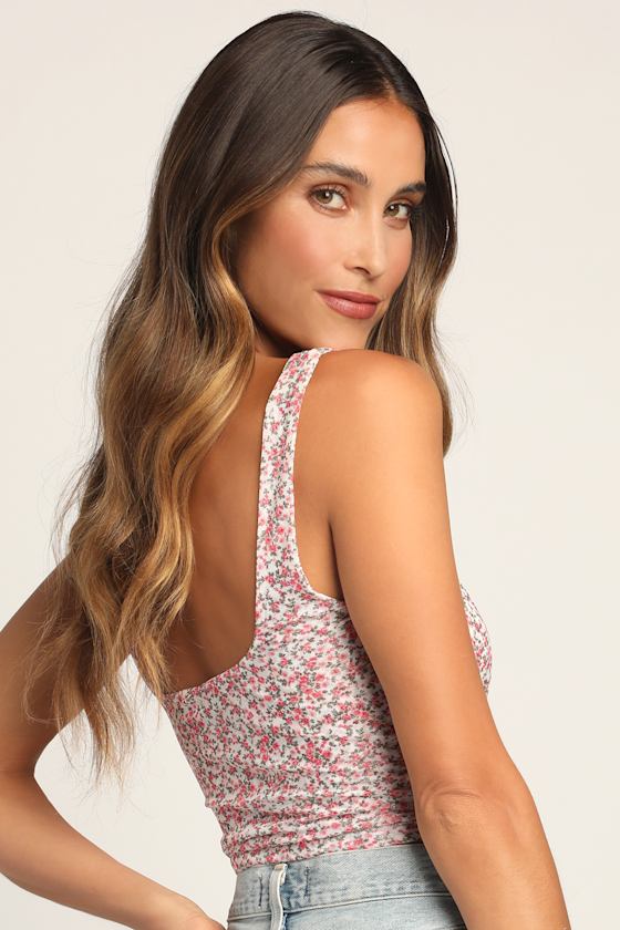 Pink Floral Print Mesh Top - Empire-Waist Top - Cropped Tank Top - Lulus