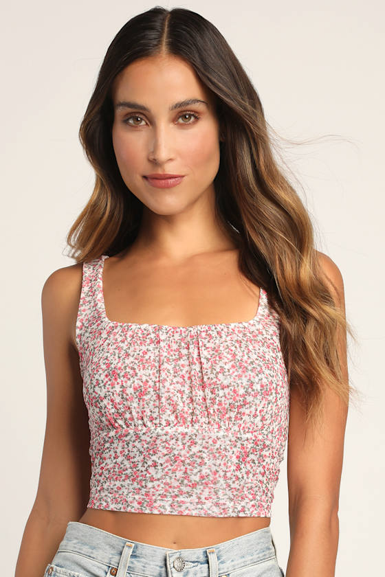 Pink Floral Print Mesh Top - Empire-Waist Top - Cropped Tank Top - Lulus