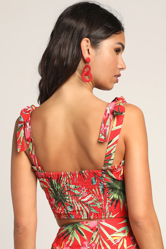 Red Tropical Print Top - Tie-Strap Crop Top - Bustier Top - Lulus