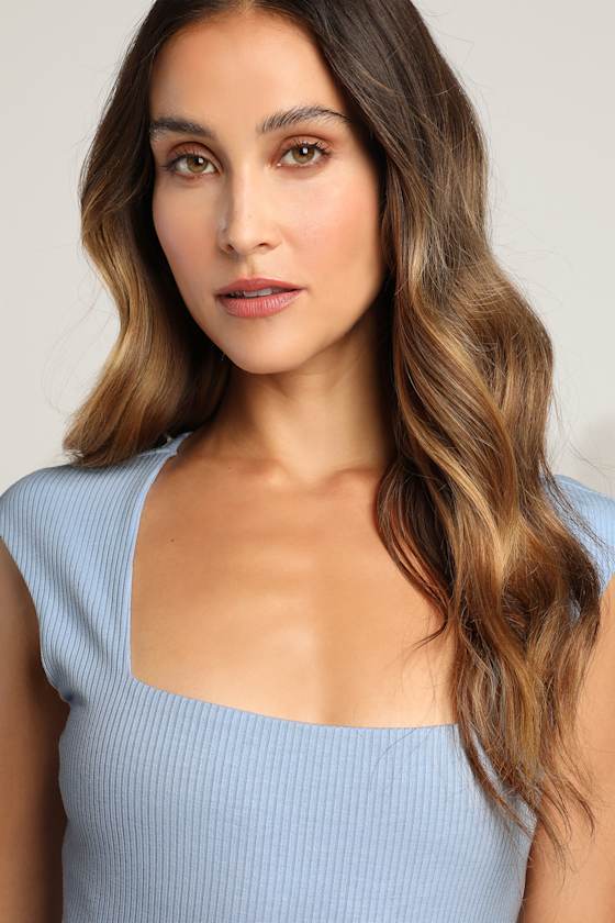 Light Blue Bodysuit - Knit Ribbed Bodysuit - Square Neck Bodysuit - Lulus