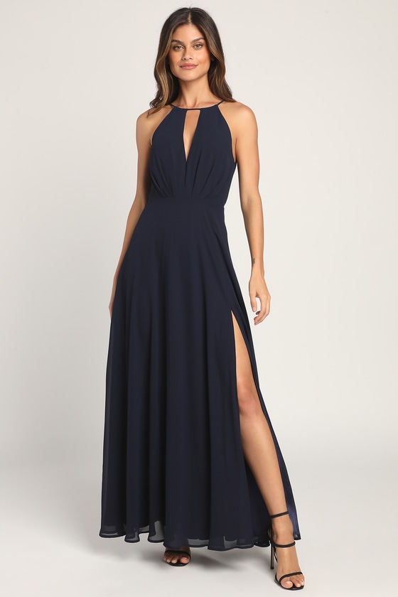 Navy Blue Halter Maxi Dress Chiffon Maxi Dress Maxi Dress Lulus