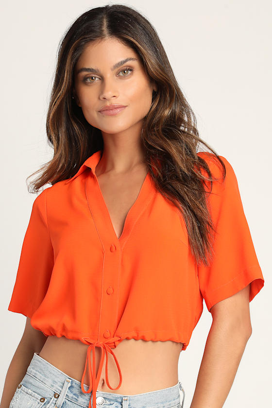 Orange Button-Up - Drawstring Top - Cropped Top - Button-Up - Lulus