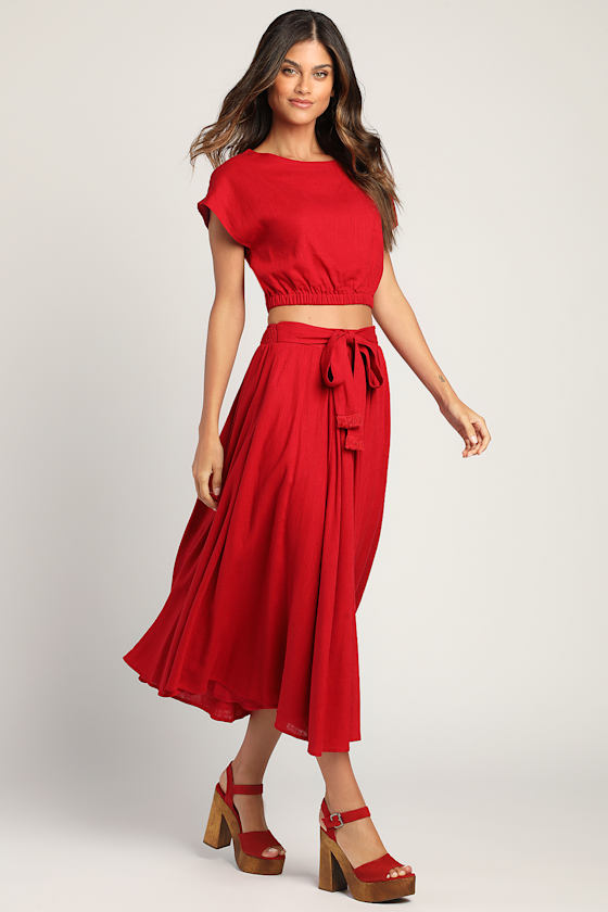 Red Two-Piece Dress - Linen Midi Dress - Short Sleeve Dress - Lulus