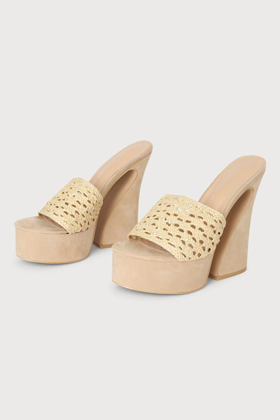 Light Nude Suede Slides - Woven Raffia Platforms - Platform Slide - Lulus