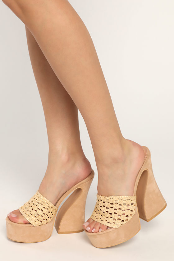Light Nude Suede Slides - Woven Raffia Platforms - Platform Slide - Lulus