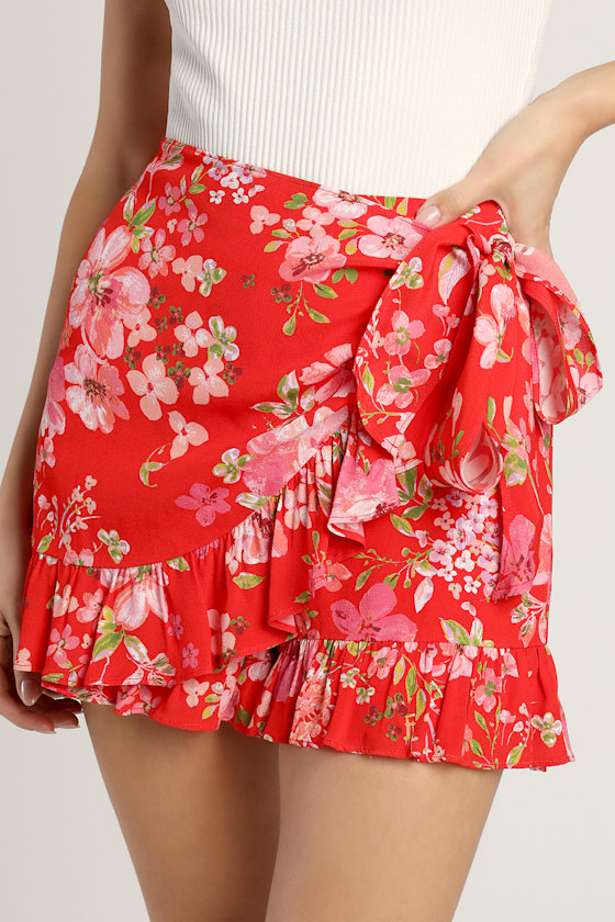 Red Multi Floral Skort - Side-Tie Skort - Ruffled Faux-Wrap Skort - Lulus