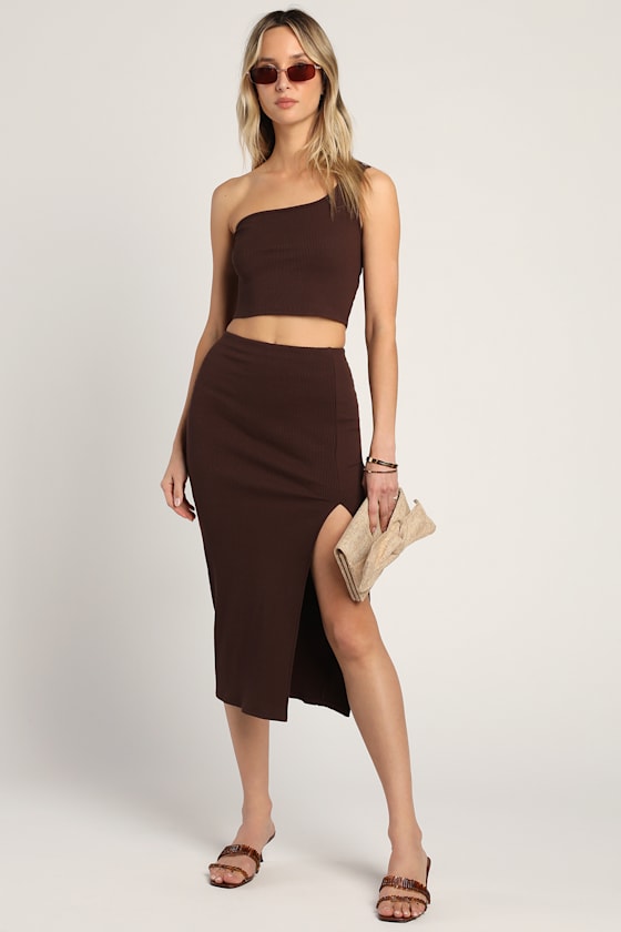Brown Dress - Ribbed Two-Piece Dress - One-Shoulder Midi Dress - Lulus