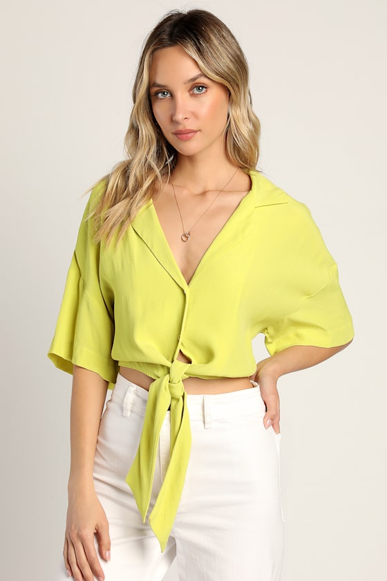 Lime Green Button-Up Top - Tie-Hem Top - Green Tie-Front Top - Lulus