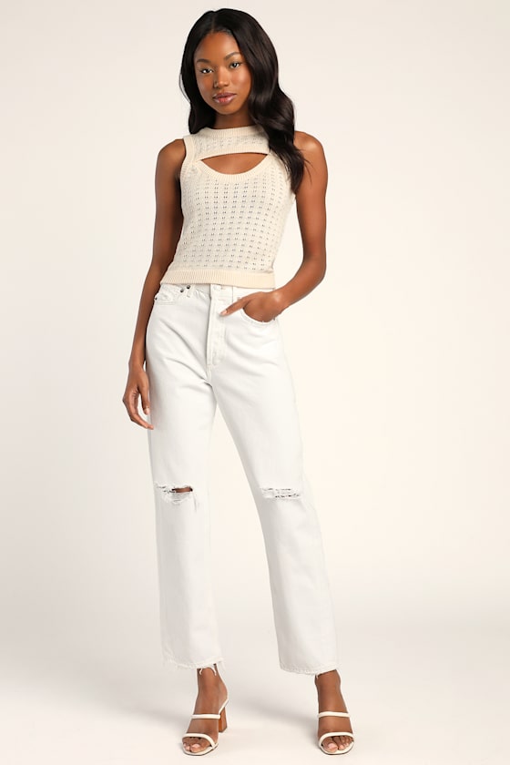 Ivory Knit Tank Top - Cutout Sweater Tank Top - Pointelle Tank - Lulus