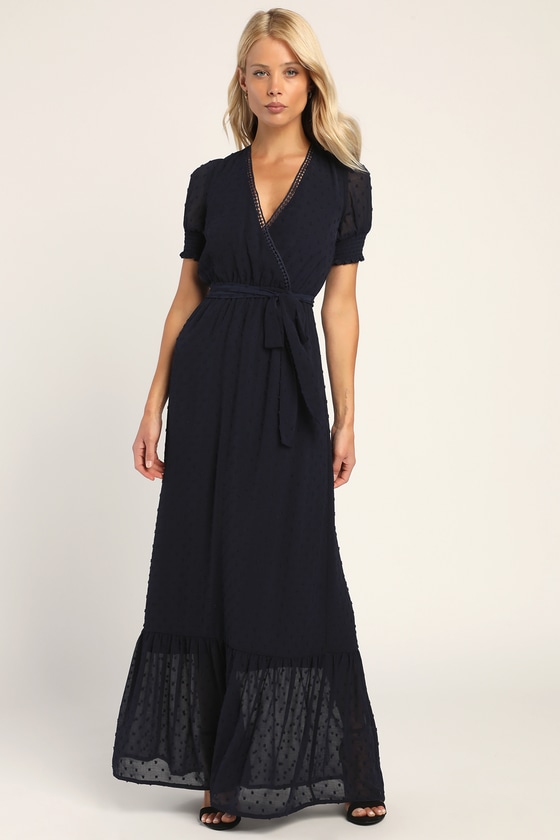Navy Blue Maxi Dress Swiss Dot Dress Faux Wrap Dress Lulus