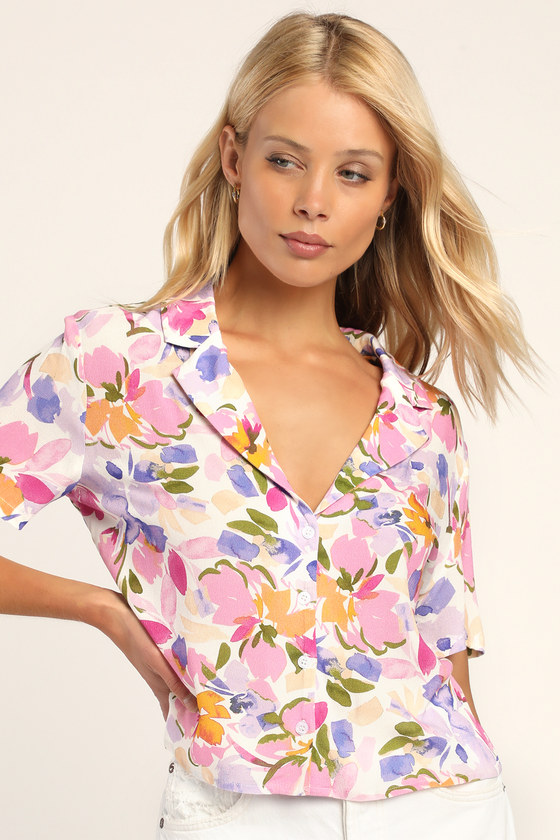 Floral Print Button Up Tops Collared Crop Tops Summer Tops Lulus