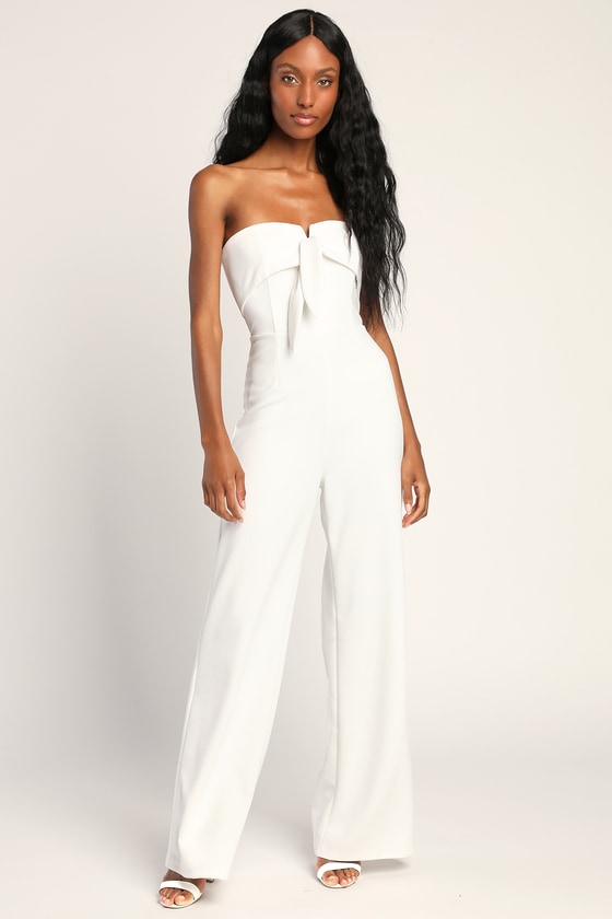 White Strapless Jumpsuit Tie Front Jumpsuit Chic Jumpsuit Lulus