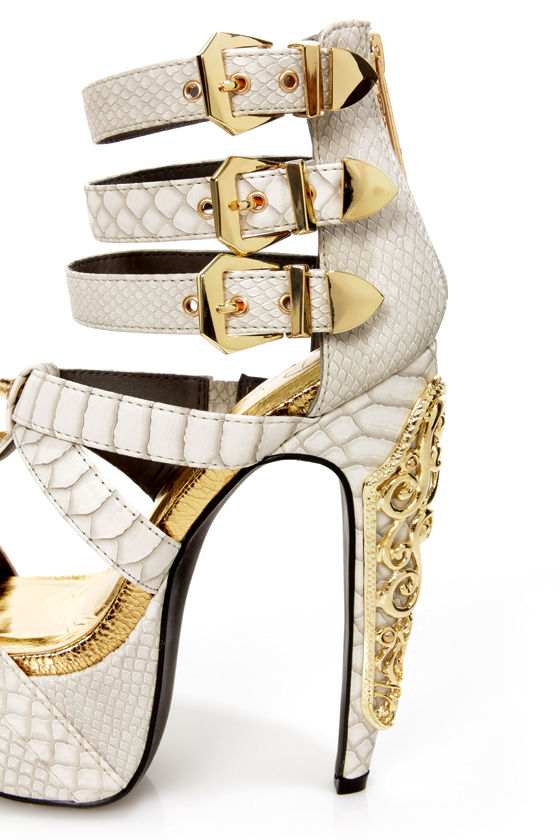 Privileged Victory White Croc and Gold Belted Platform Heels - $85.00