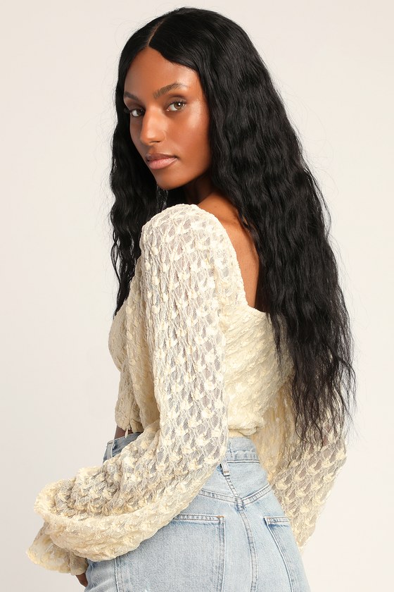Cream Lace Crop Top Long Sleeve Lace Top Balloon Sleeve Top Lulus