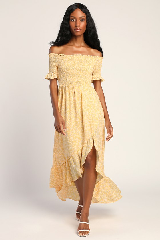 Cute Yellow Floral Print High Low Dress Smocked Ots Dress Lulus