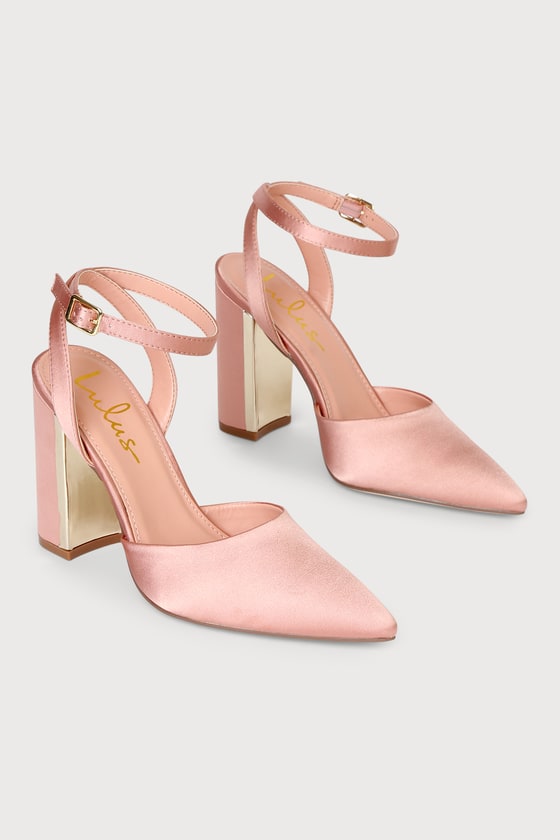 Rose Gold Satin High Heel Pointed Toe Pumps Ankle Strap Pumps Lulus