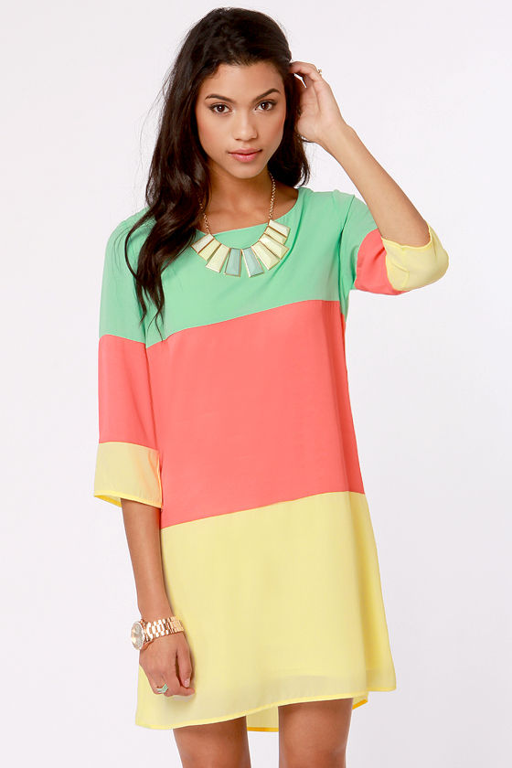 Cute Coral Color Block Dress - Shift Dress - Lulus