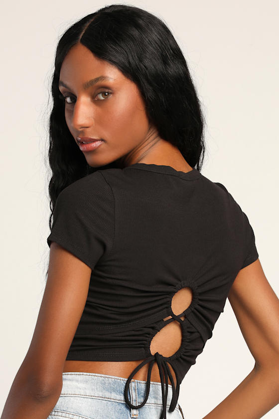 Black Drawstring Top - Double Keyhole Top - Ribbed Crop Top - Lulus