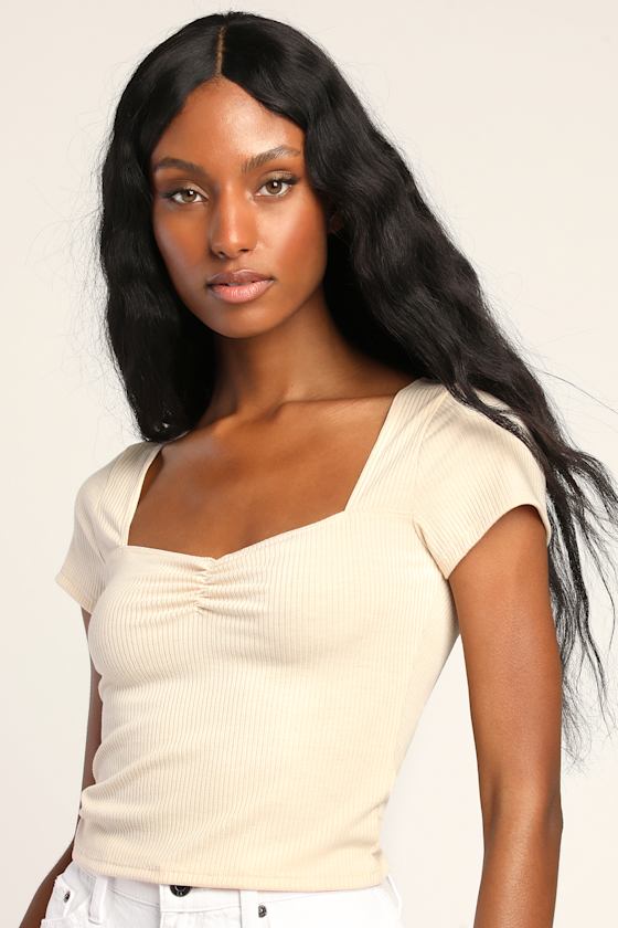 Cream Crop Top - Ribbed Knit Crop Top - Sweetheart Neckline Top - Lulus