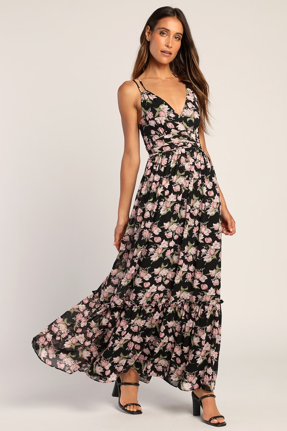 Black Floral Maxi Dress Sleeveless Maxi Dress Chiffon Dress Lulus