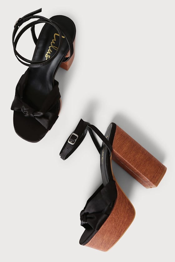 Wooden Platform Sandals - Satin Sandals - Black Platform Sandals - Lulus