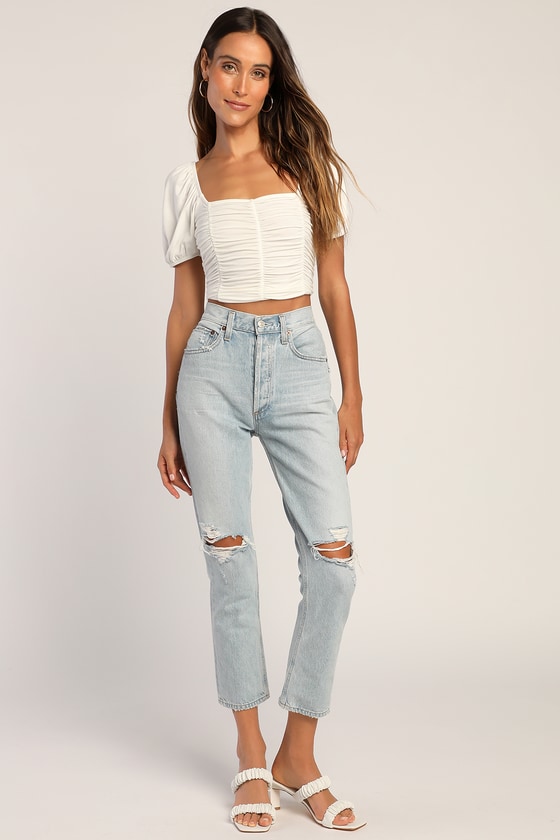 White Crop Top - Puff Sleeve Top - Ruched Crop Top - White Top - Lulus