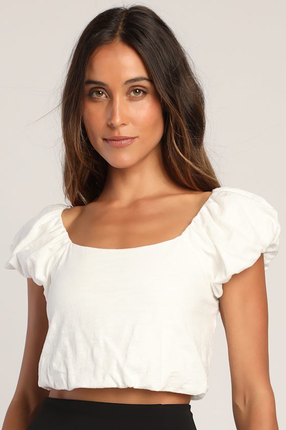 White Crop Top - Puff Sleeve Crop Top - Square Neck Crop Top - Lulus