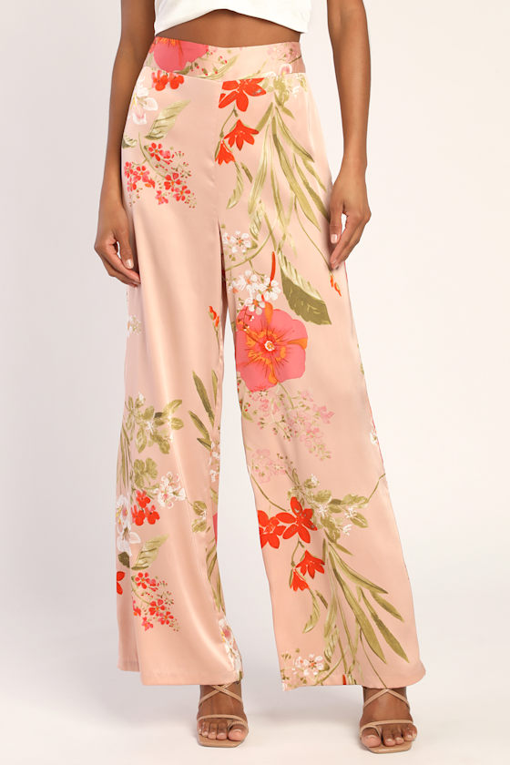 Pink Floral Print Pants - Floral Satin Pants - Wide-Leg Pants - Lulus