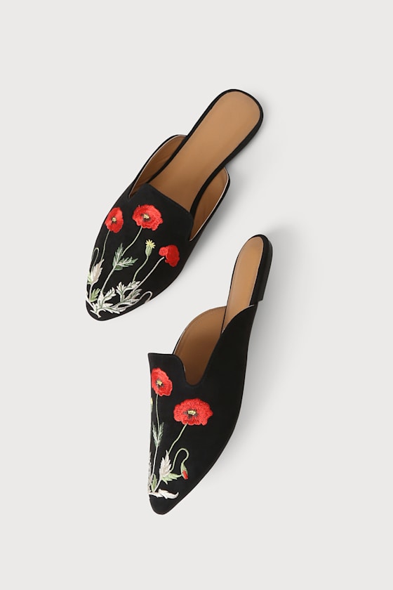 Black Suede Mules - Embroidered Mules - Pointed-Toe Mules - Lulus