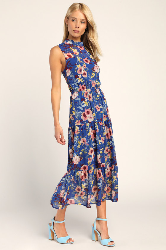 Tiered Blue Dress Floral Print Dress Sleeveless Midi Dress Lulus