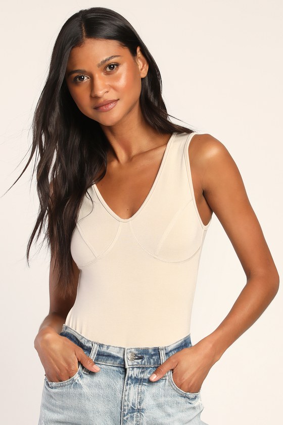 Beige V Neck Bodysuit Bustier Cup Bodysuit Womens Tops Lulus