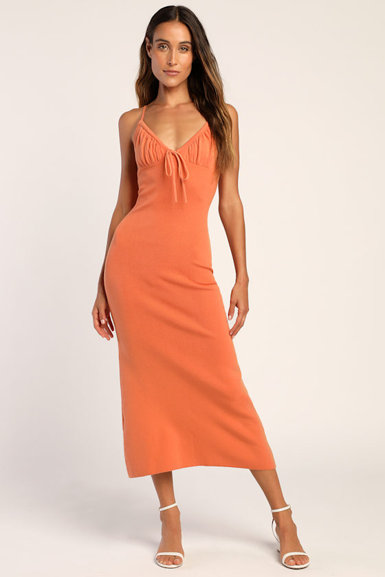 Knit Orange Dress - Bodycon Midi Dress - Ribbed Knit Dress - Lulus