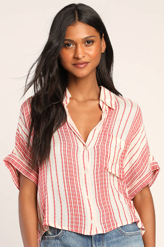 Cream and Red Button-Up Top - Doman Sleeve Top - Striped Top - Lulus