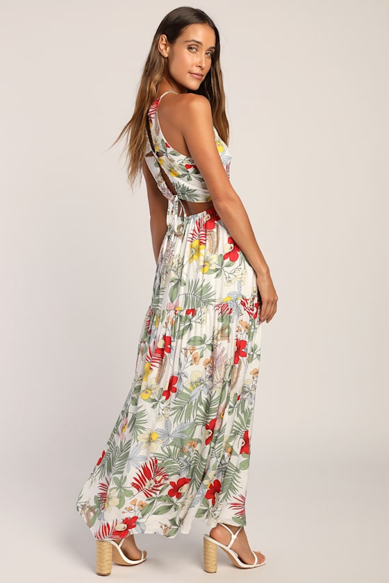 Tropical Print Dress - Halter Neck Maxi Dress - Lace-Up Dress - Lulus