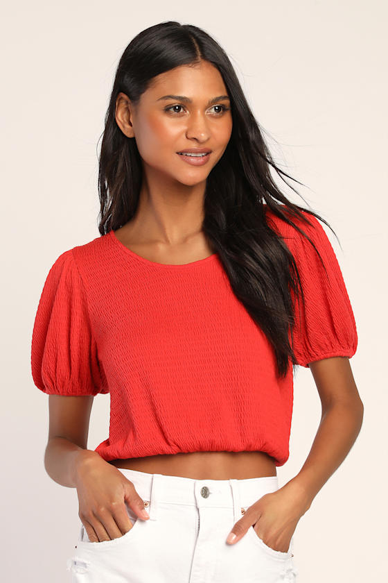 Puff Sleeve Top - Tie-Back Top - Red Short Sleeve Crop Top - Lulus