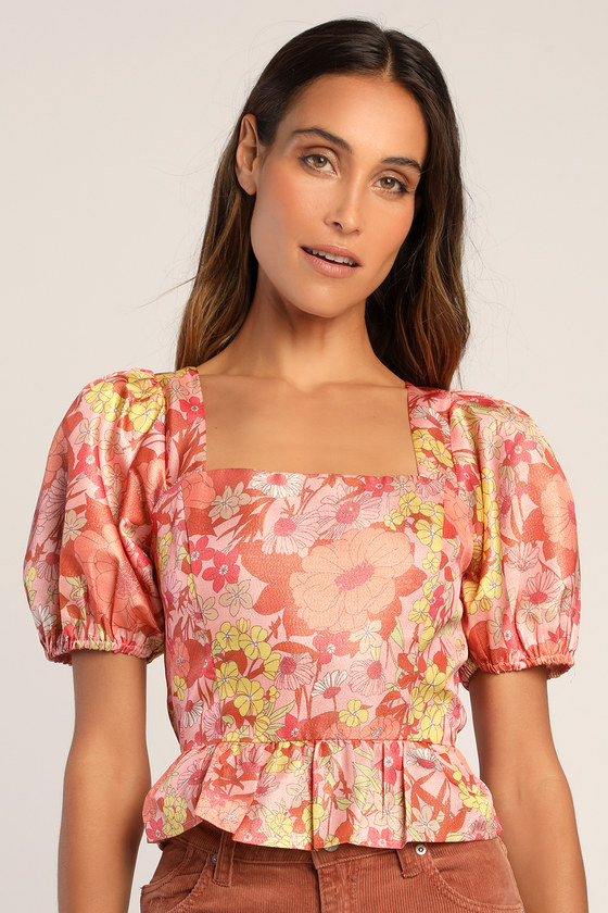 Pink Floral Top Glittery Puff Sleeve Top Lace Up Top Lulus