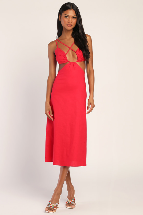 Red Strappy Midi Dress Cutout Midi Dress Backless Dress Lulus