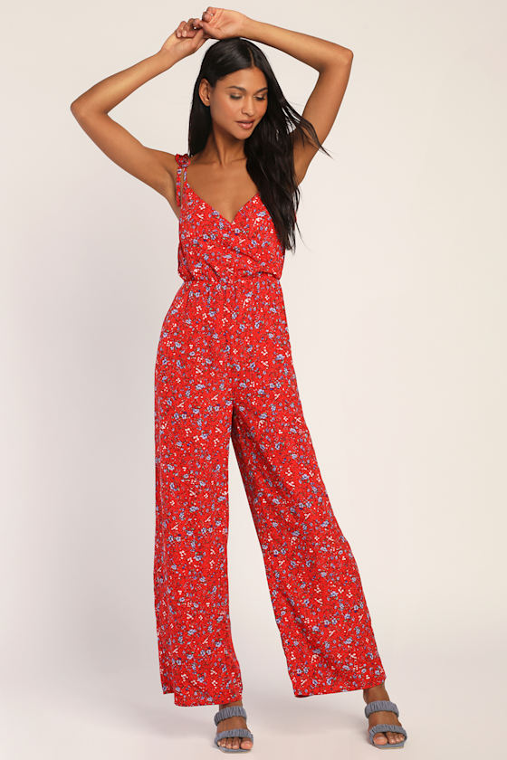 Red Floral Jumpsuit - Surplice Jumpsuit - Wide-Leg Jumpsuit - Lulus