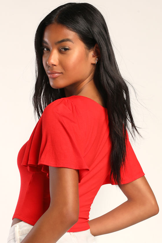 Red Crop Top - Flutter Sleeve Top - Square Neck Crop Top - Lulus