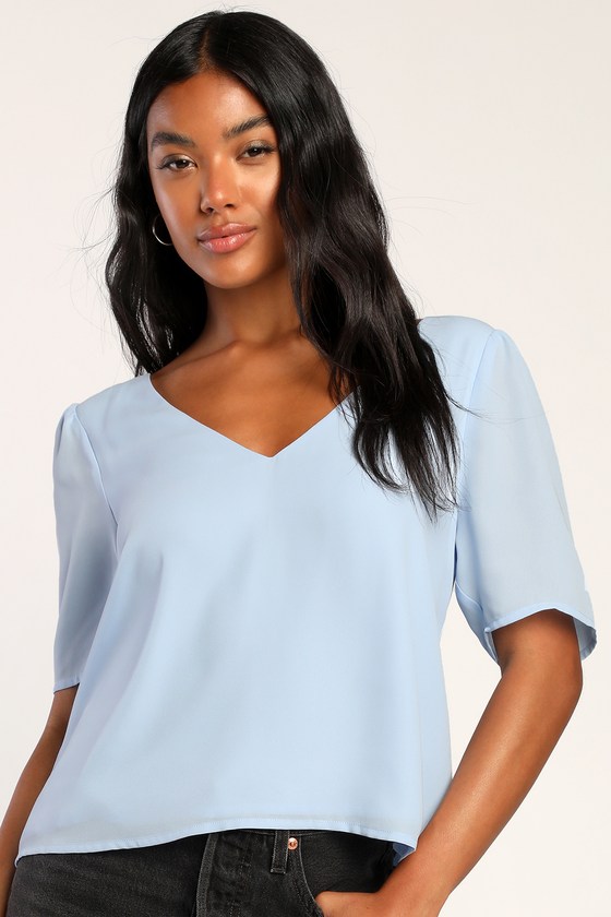 Dusty Blue V Neck Blouse Short Sleeve Top Womens Tops Lulus