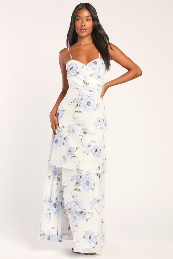 White Floral Print Maxi Dress Surplice Dress Tiered Dress Lulus